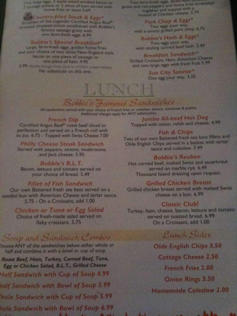 Menu at Bobbie's Cafe, Sun City