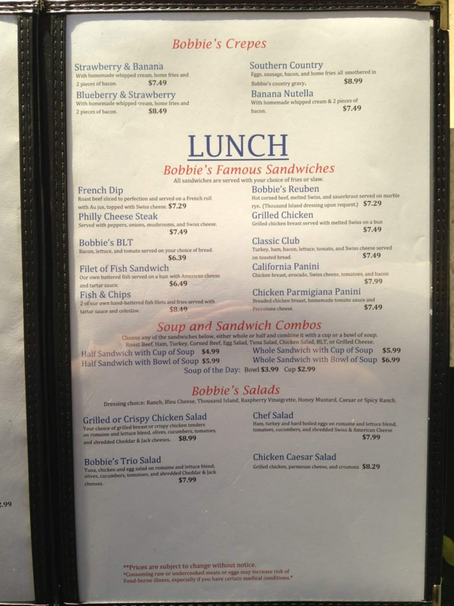 Menu at Bobbie's Cafe, Sun City