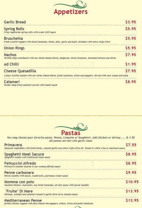 Menu at Mother's Kitchen restaurant, Ajax