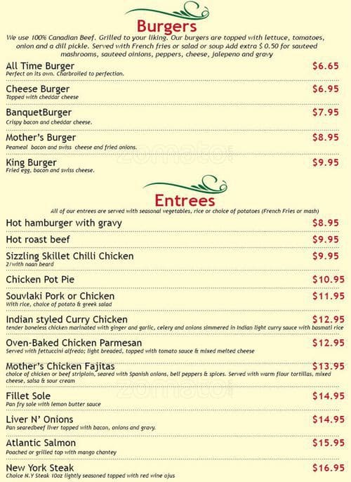 Menu at Mother's Kitchen restaurant, Ajax