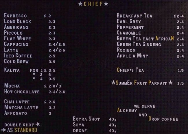 Menu at Chief Coffee cafe, London