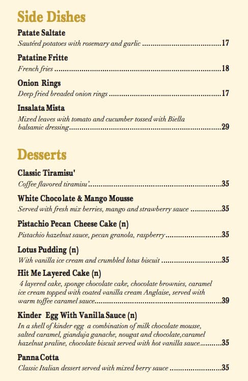 Menu at Biella pizzeria, Dubai, Al Quoz Rd Interchange 3 Sheikh Zayed Rd