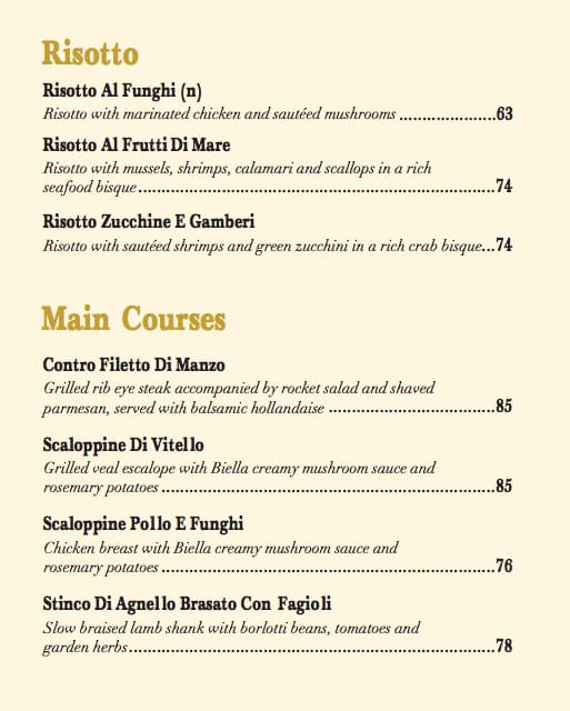 Menu at Biella pizzeria, Dubai, Al Quoz Rd Interchange 3 Sheikh Zayed Rd