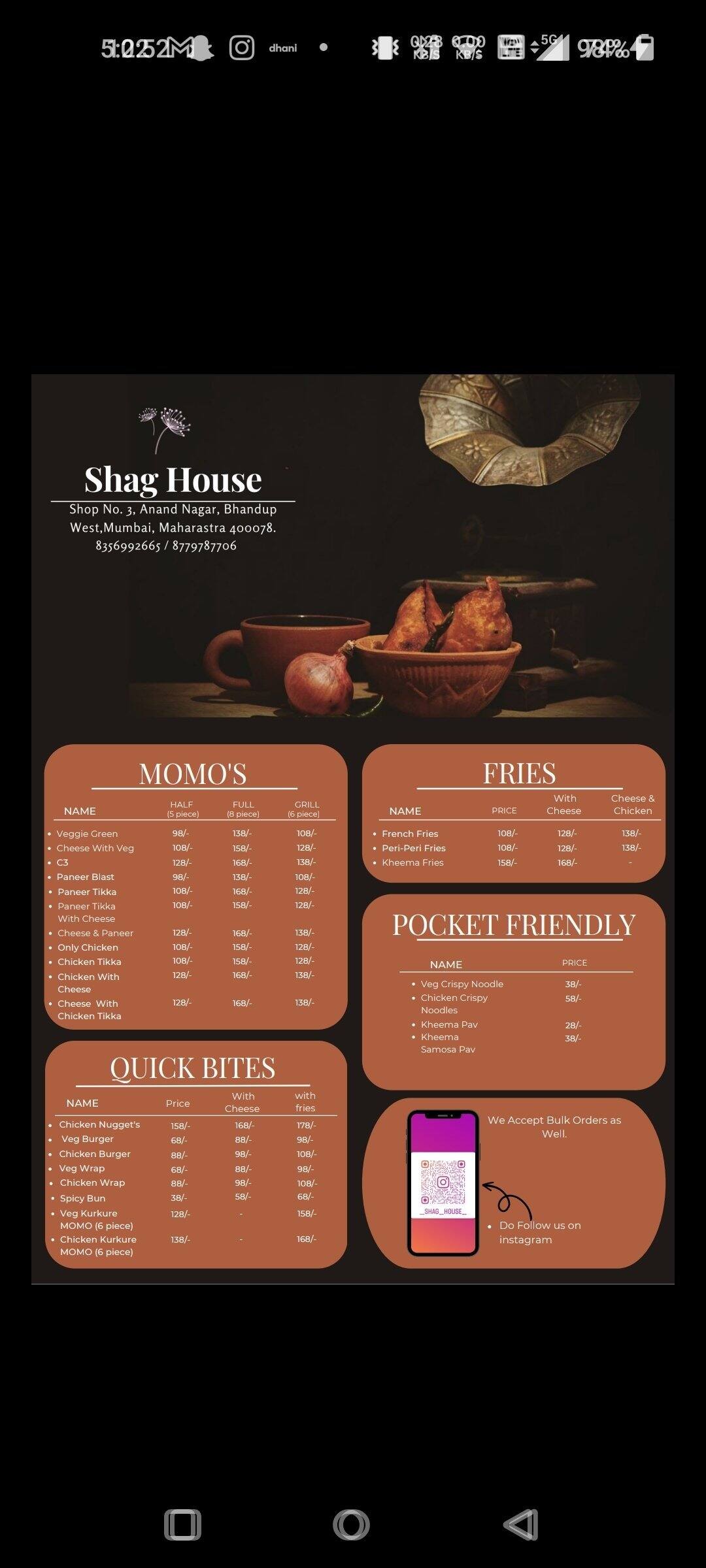 Menu of Shag House, Bhandup, Mumbai