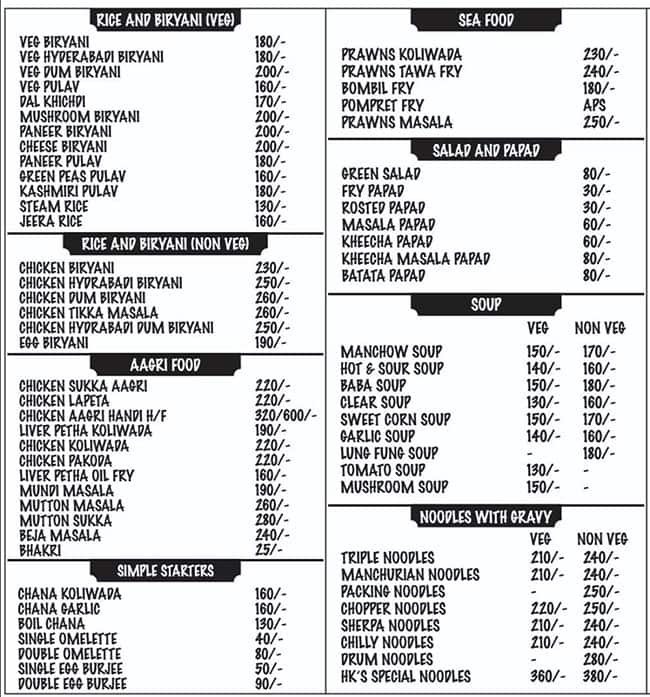 Menu of HK Dhaba, Kalwa, Thane