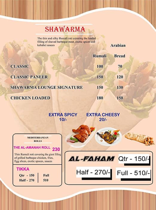 Menu of Shawarma Lounge, Kodailbail, Mangalore
