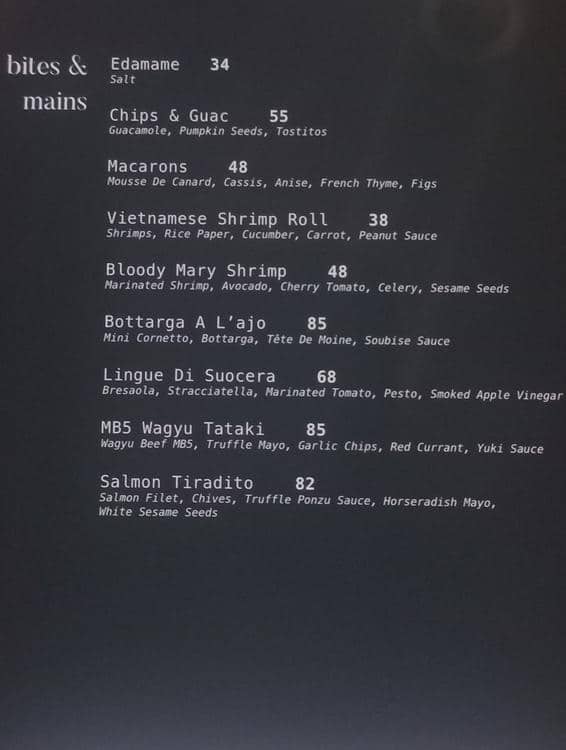 Menu of Moonshine, DIFC, Dubai
