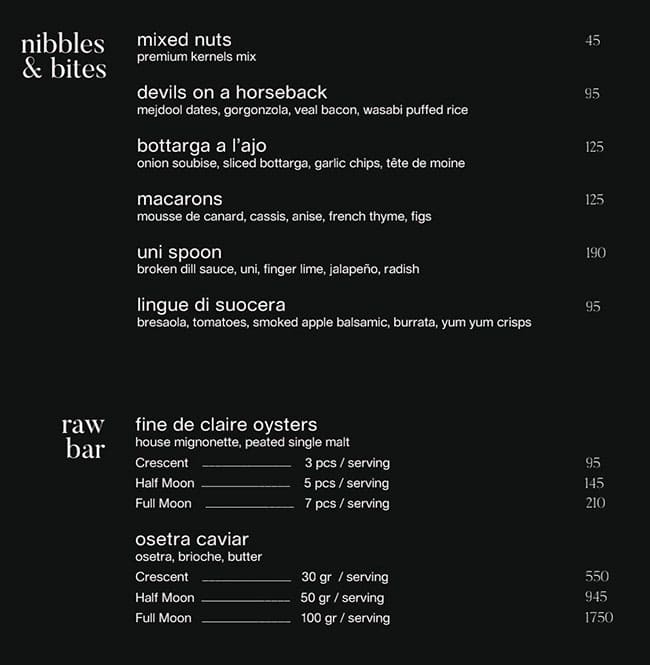 Menu of Moonshine, DIFC, Dubai