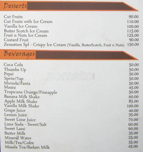 Menu at Zen-sation, Bengaluru