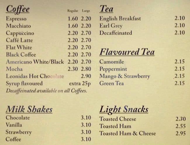 Menu at Leonidas cafe, London, 15 Broadway