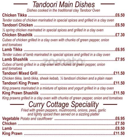 Menu at The Curry Cottage restaurant, Beckenham