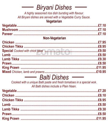 Menu at The Curry Cottage restaurant, Beckenham