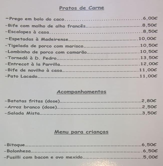 Carta de Restaurante Dom Pedro 18, Sintra