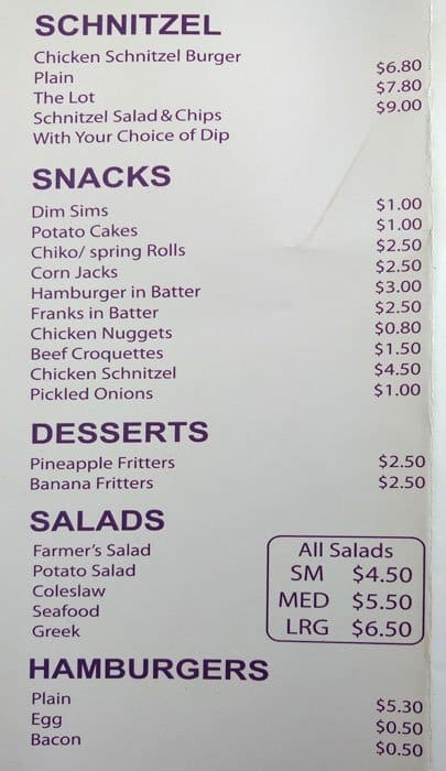 Menu at Sea Splash fast food, Carnegie