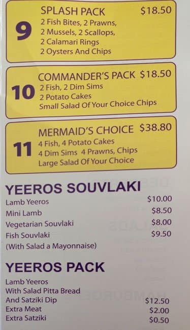 Menu at Sea Splash fast food, Carnegie