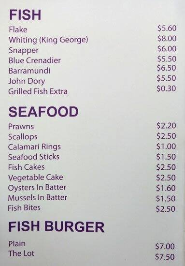 Menu at Sea Splash fast food, Carnegie
