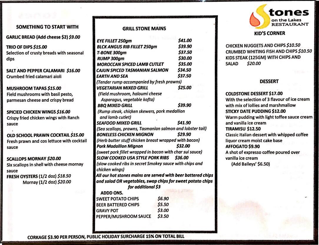 Menu at Stones On The Lakes Restaurant, North Lakes
