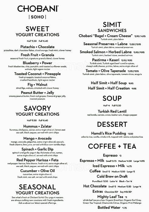 Menu at Chobani SoHo restaurant, New York City
