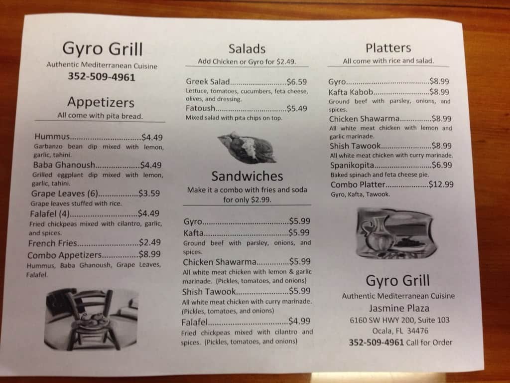 Menu at Gyro Grill restaurant, Ocala