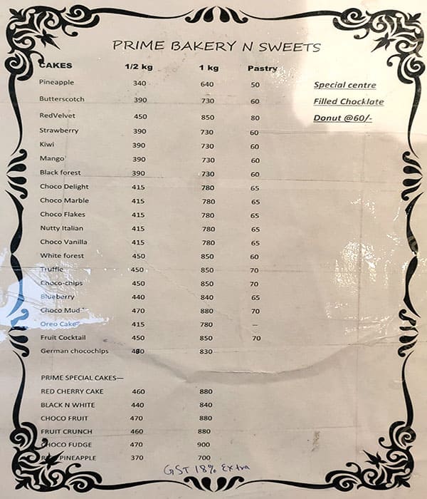 Menu at Prime Bakery & Sweets, Noida