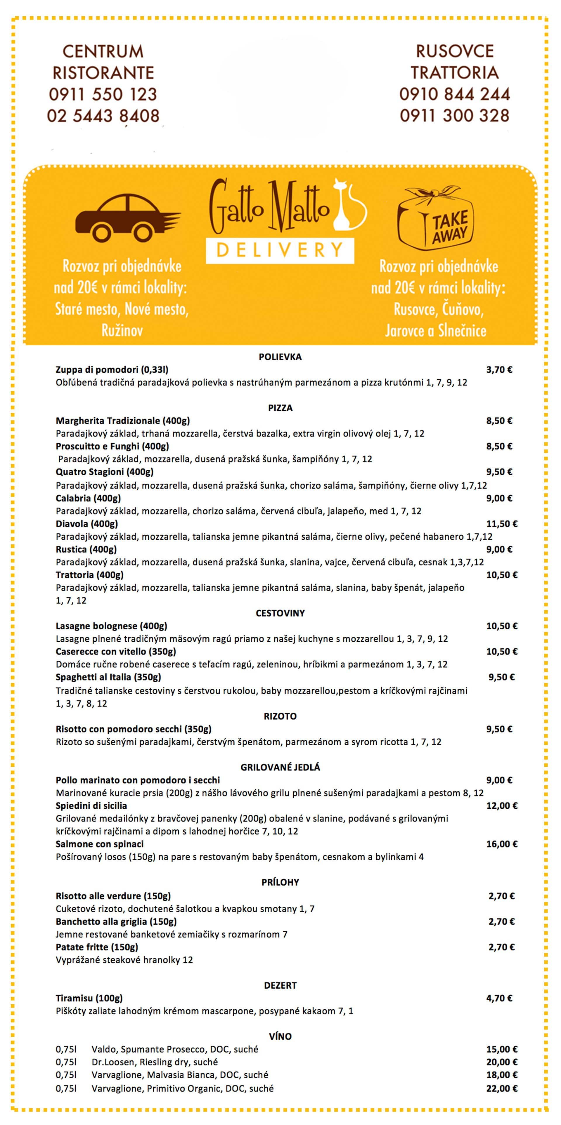 Speisekarte von Gatto Matto Trattoria restaurant, Bratislava