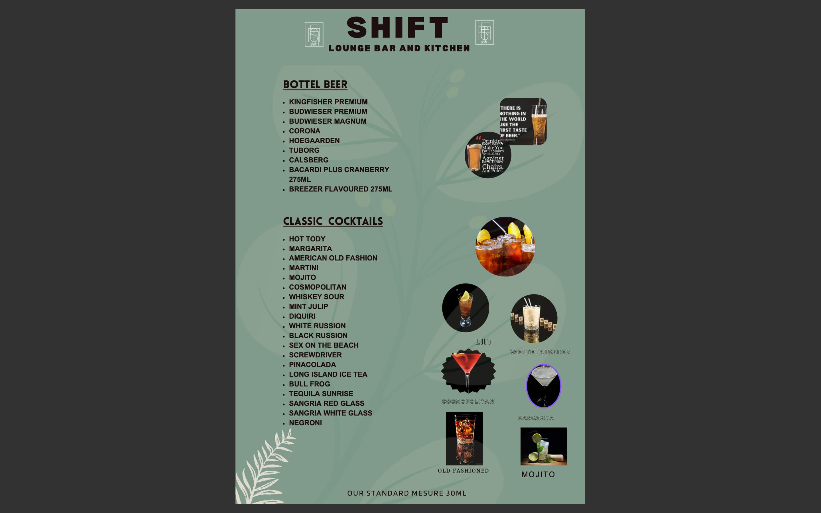 Menu of Shift Lounge & Bar, HSR, Bangalore