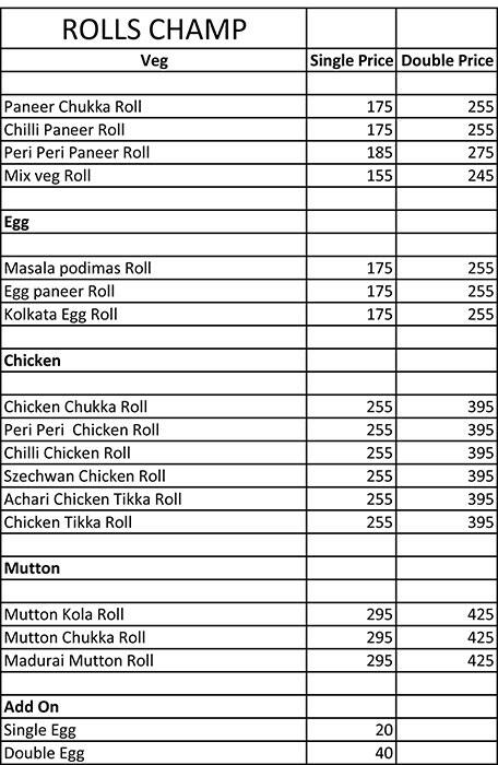 Menu of Rolls Champ, Nungambakkam, Chennai