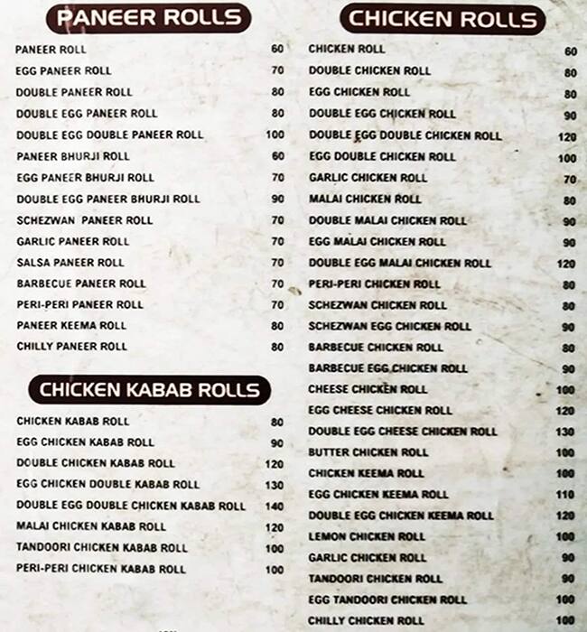 Menu of Instant Rolls, Shalimar Garden, Ghaziabad