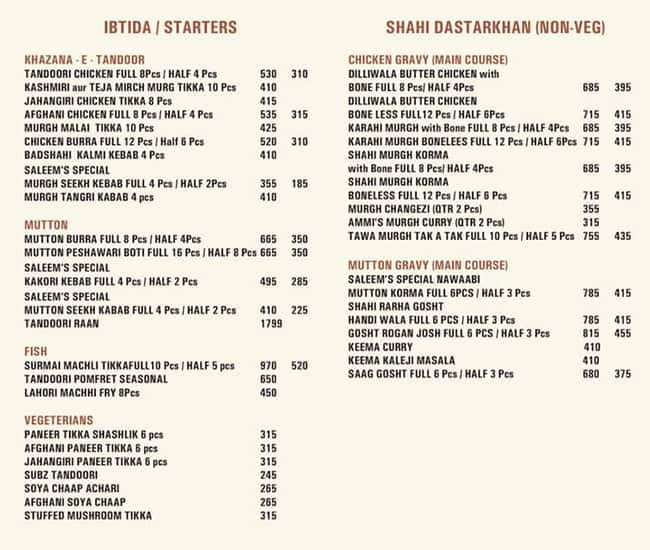 Menu of Saleem's Restaurant, Kailash Colony, New Delhi