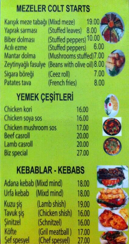 Menu at Biz cafe, Istanbul