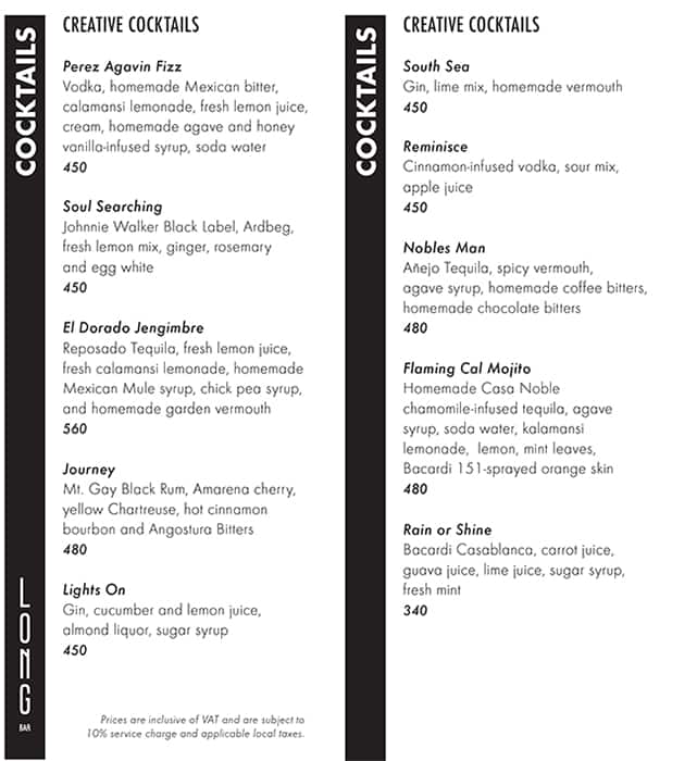 Menu at Raffles Long Bar, Makati