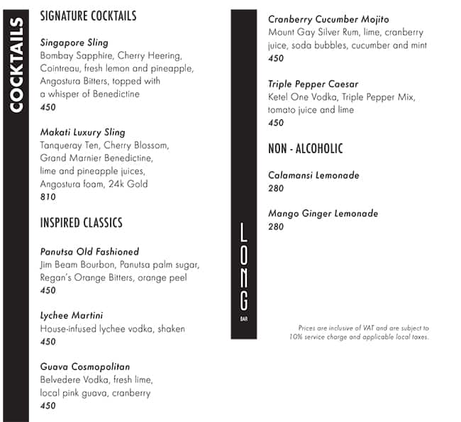 Carta de Long Bar, Makati, 1 Raffles Drive Makati Avenue Corner Makati