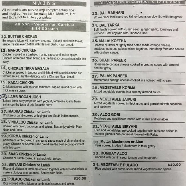 Menu at Krishna Indian Restaurant and Takeaways, Mosgiel, 168A Gordon Rd