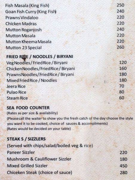 Menu at Twenty Three-24/7 Food N Booze, Arpora