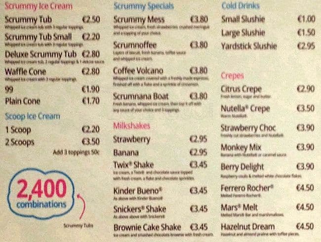 Menu at Scrumdiddly's desserts, Donabate, Main St