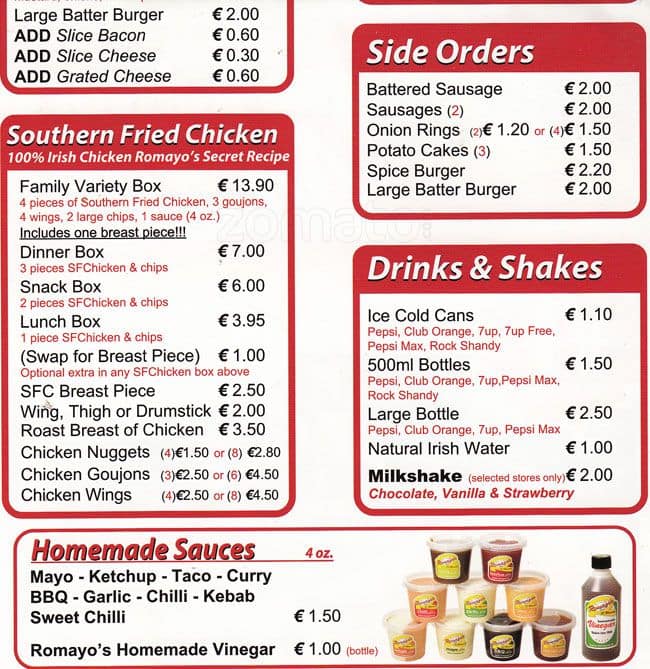 Menu at Diner Romayo's restaurant, Dublin