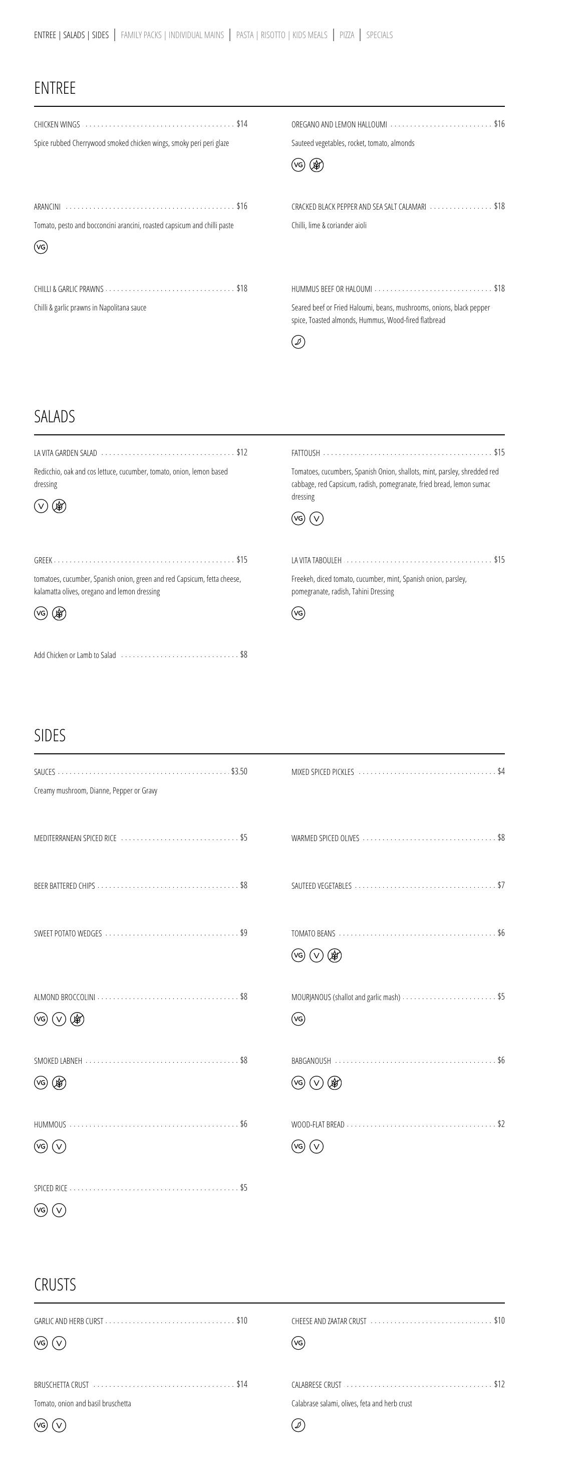 Menu at La Vita Mediterranean restaurant, Edensor Park