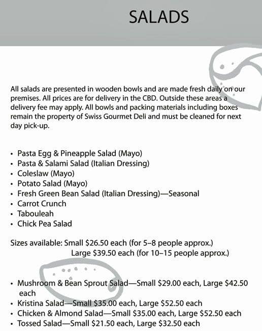 Menu at SWISS GOURMET DELI / WEST END DELI West End cafe, West End