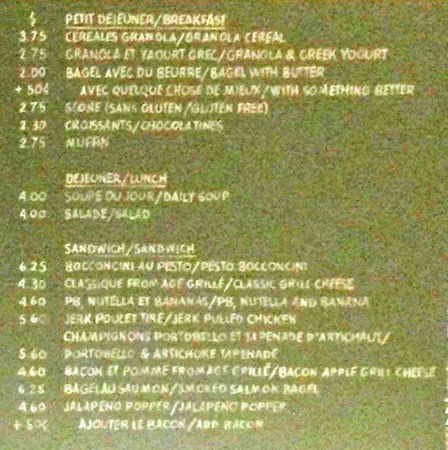Menu at Café Alt, Ottawa