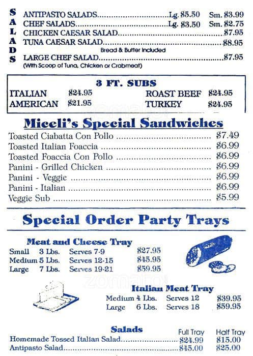 Menu at Miceli's Deli, Chicago
