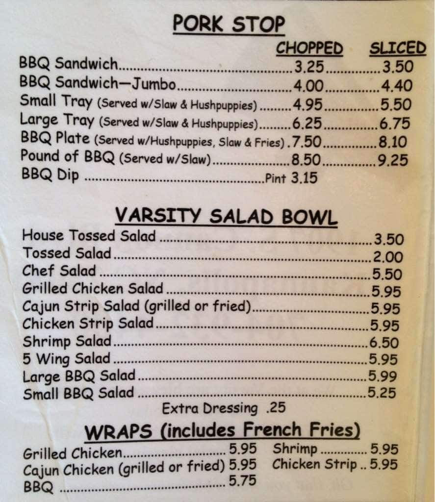 Menu at Varsity Bar-B-Q & Ice Cream, Kannapolis