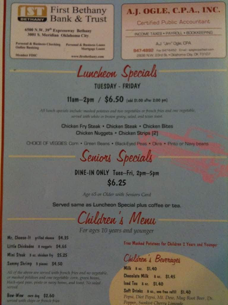 Menu at Ann's Chicken Fry House restaurant, Oklahoma City