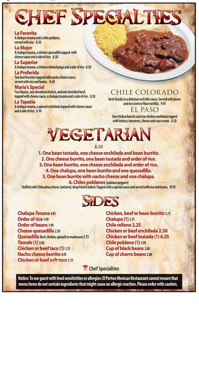 Menu at El Porton of Memphis restaurant, Memphis, 65 S Highland St