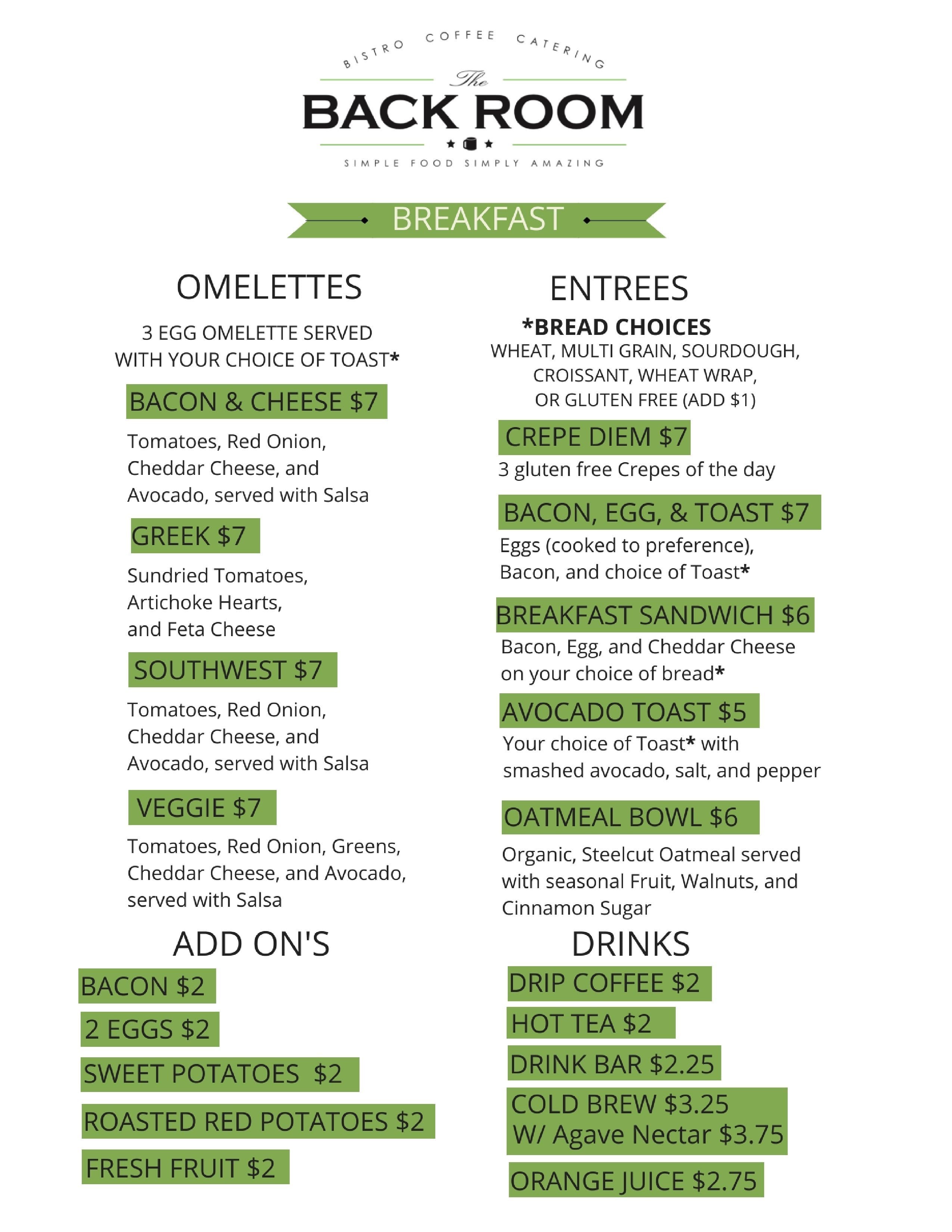 Menu at The Back Room Bistro cafe, Cookeville