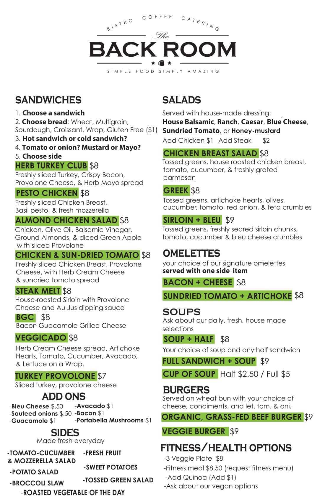 Menu at The Back Room Bistro cafe, Cookeville