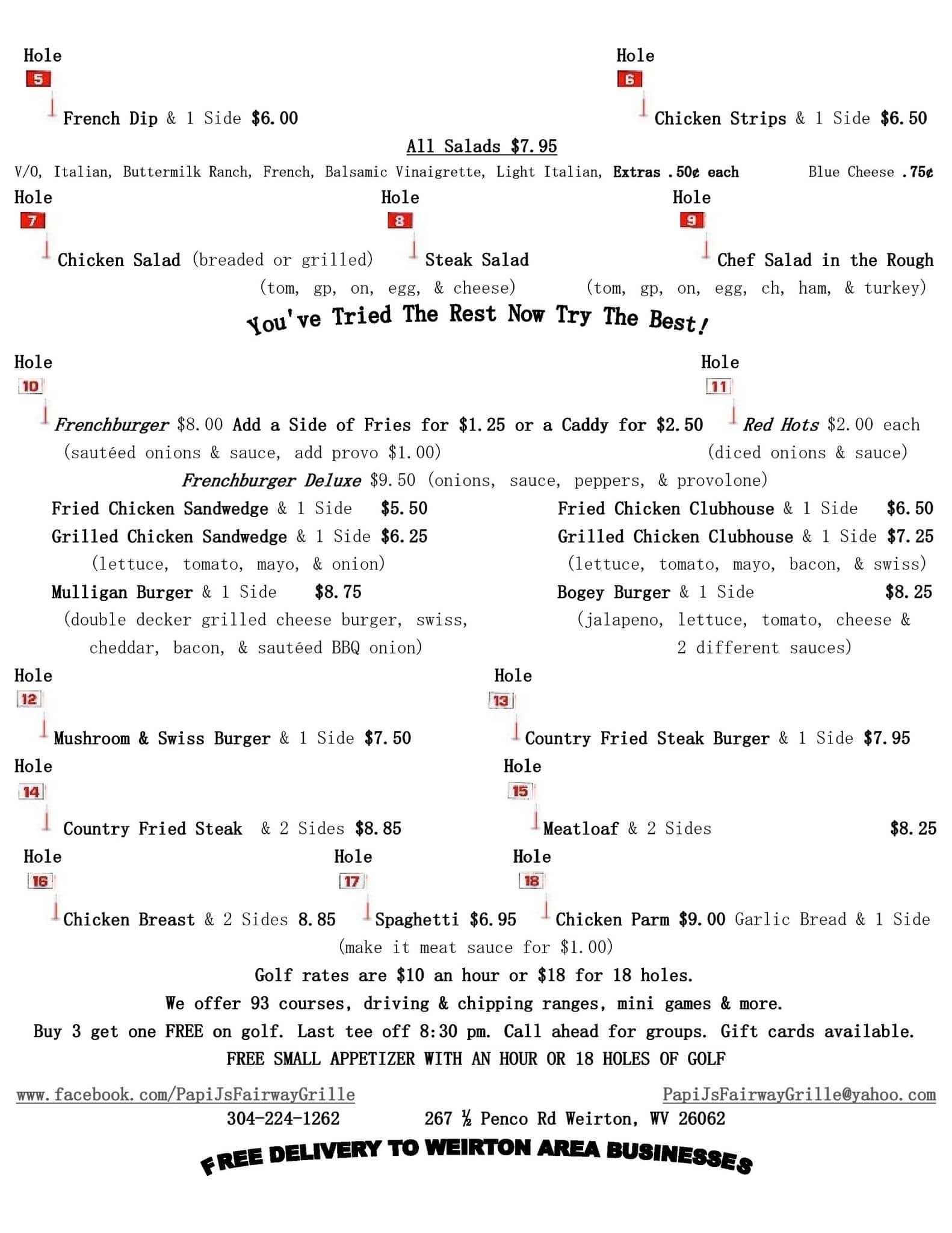 Menu at Papi J's Fairway Grille LLC restaurant, Weirton