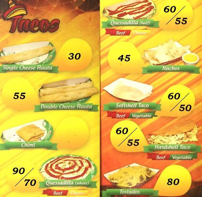 Menu at Tacos restaurant, Cebu City, SM City