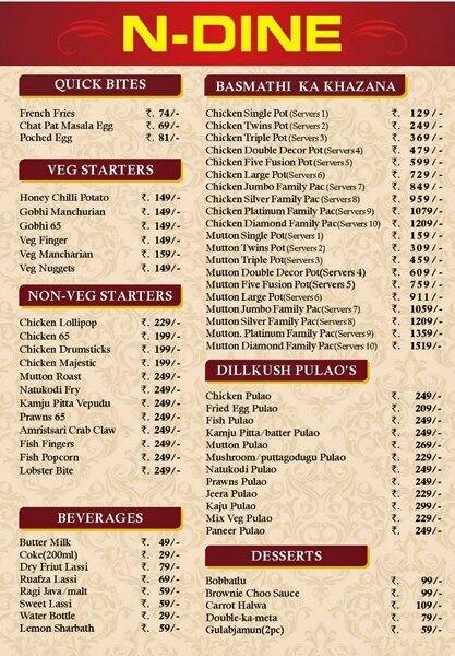 N-Dine Menu, Menu for N-Dine, Kukatpally, Hyderabad - Zomato