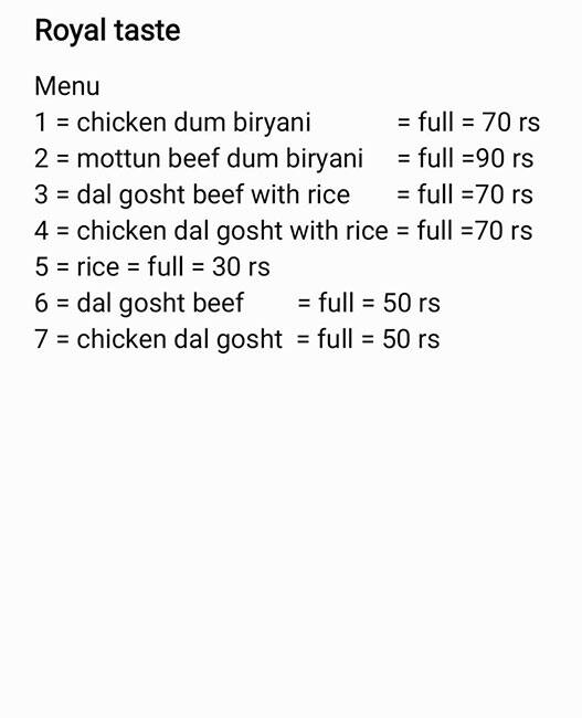 Menu of Royal Taste, Mumbai Central, Mumbai