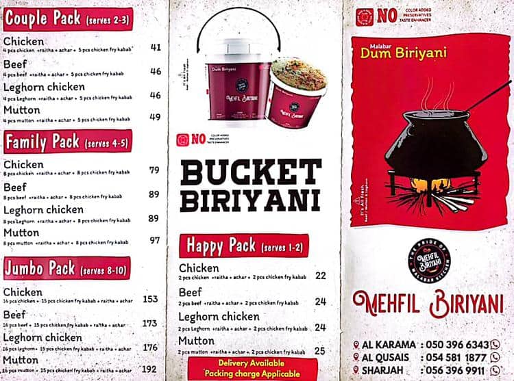 Menu of Mehfil Biriyani, Al Karama, Dubai
